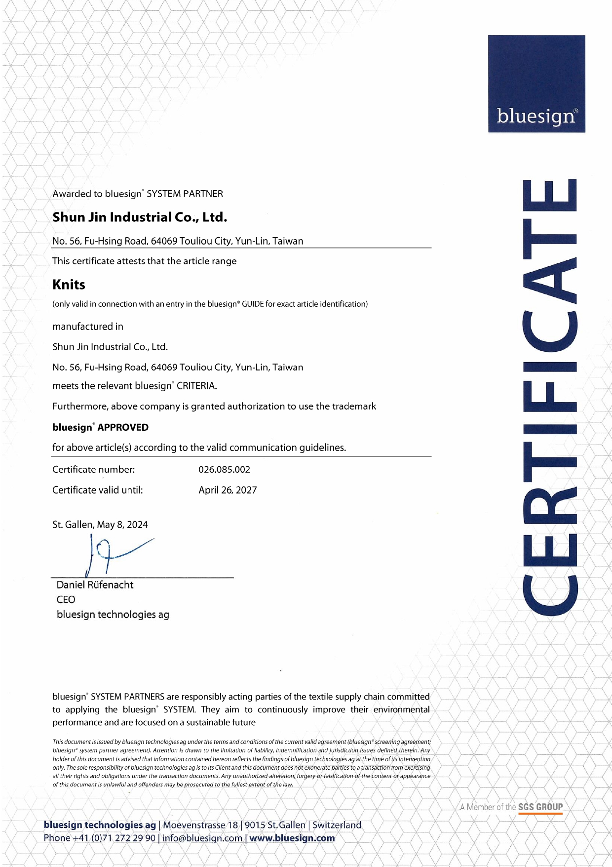 Chemicals Management - Certificate & Glory - Yu Yuang Textile Co., Ltd.