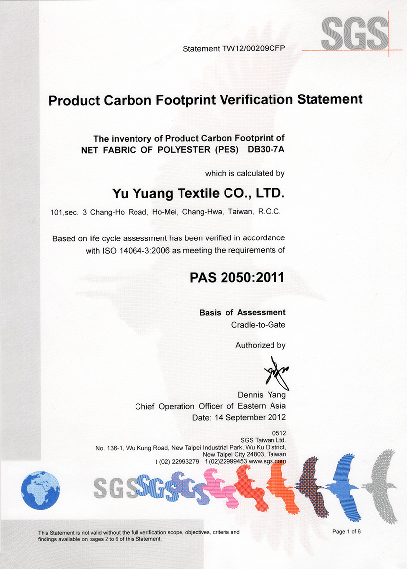 CO2e Caculation - Certificate & Glory - Yu Yuang Textile Co., Ltd.