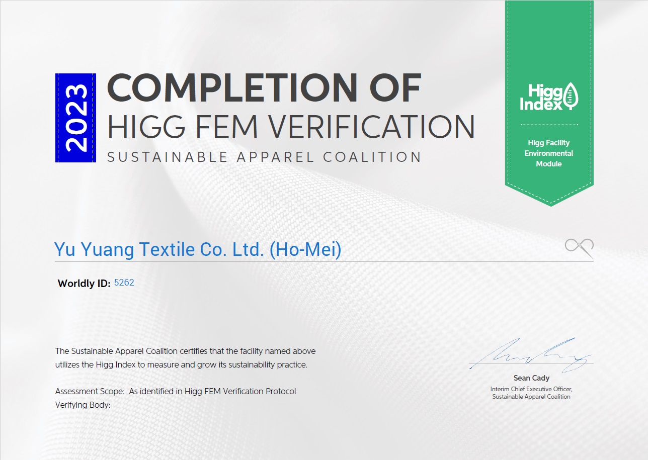Higg FEM Certificate - Certificate & Glory - Yu Yuang Textile Co., Ltd.